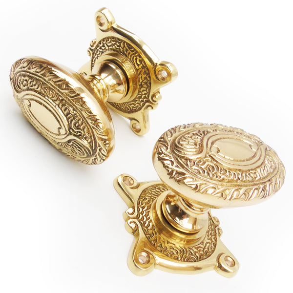 Vintage Period Style Ornate Oval Solid Brass Door Knobs Handles Pair – JonesandGrey