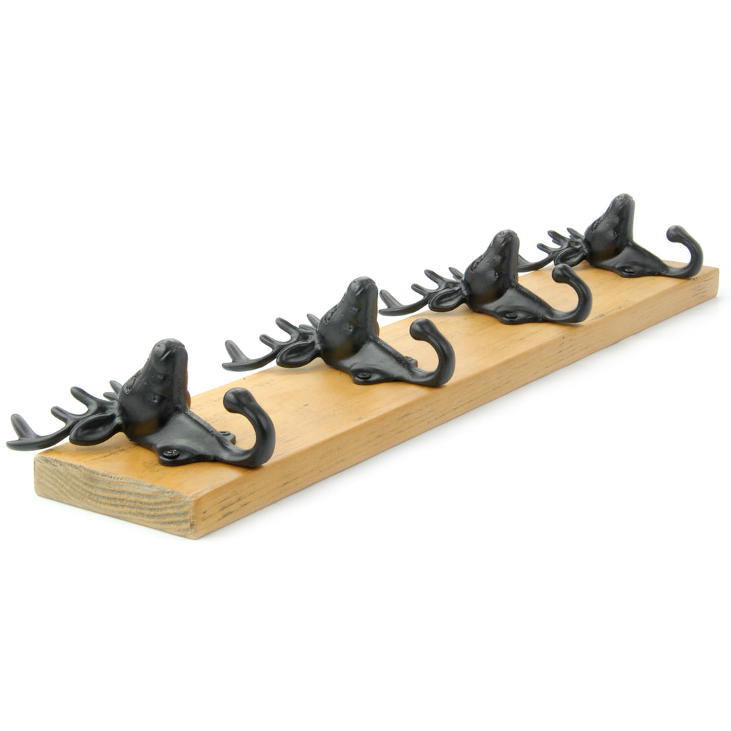 A Vintage Style Chunky Wooden Coat Rack 4 Cast Iron Stags Head Hooks ...