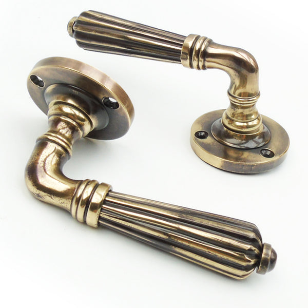 Vintage Regency Style Reeded Rose Lever Door Handles - Antique Brass ...